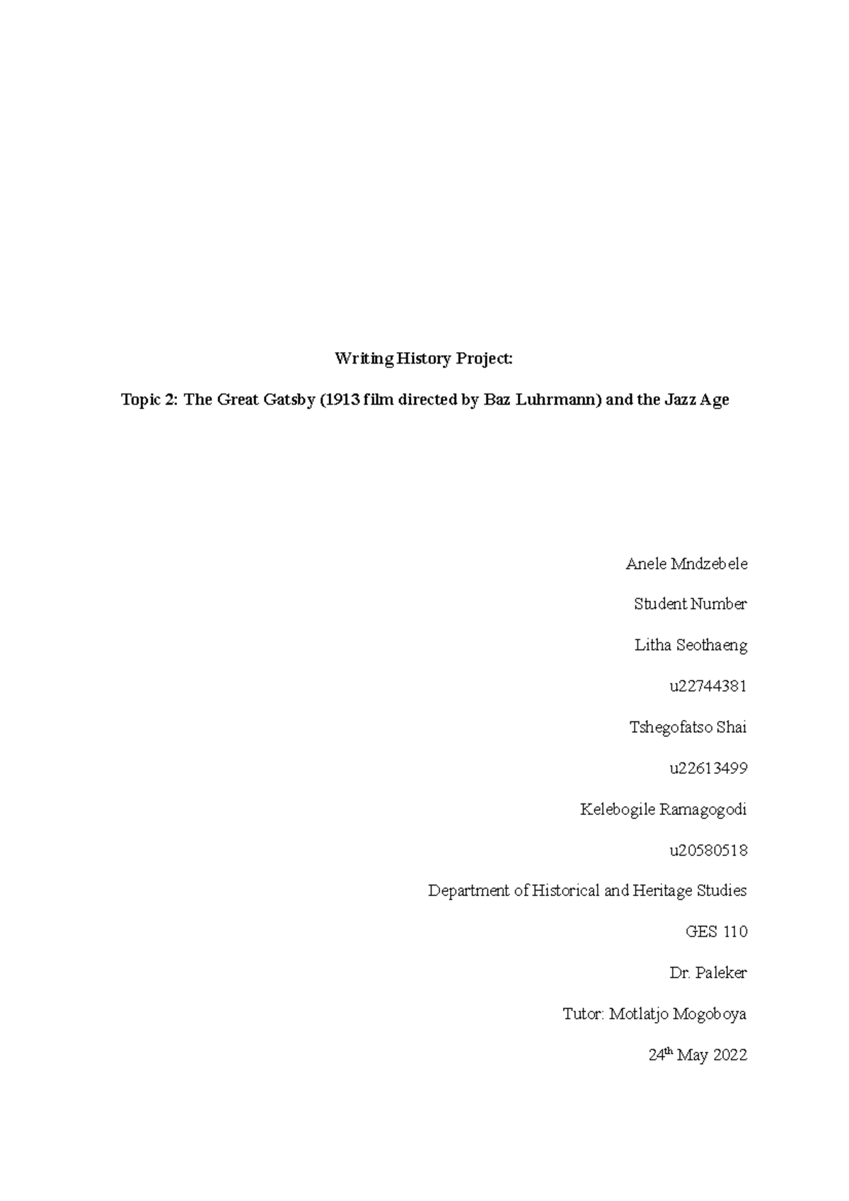 GES 110 Writting History Project - Writing History Project: Topic 2 ...