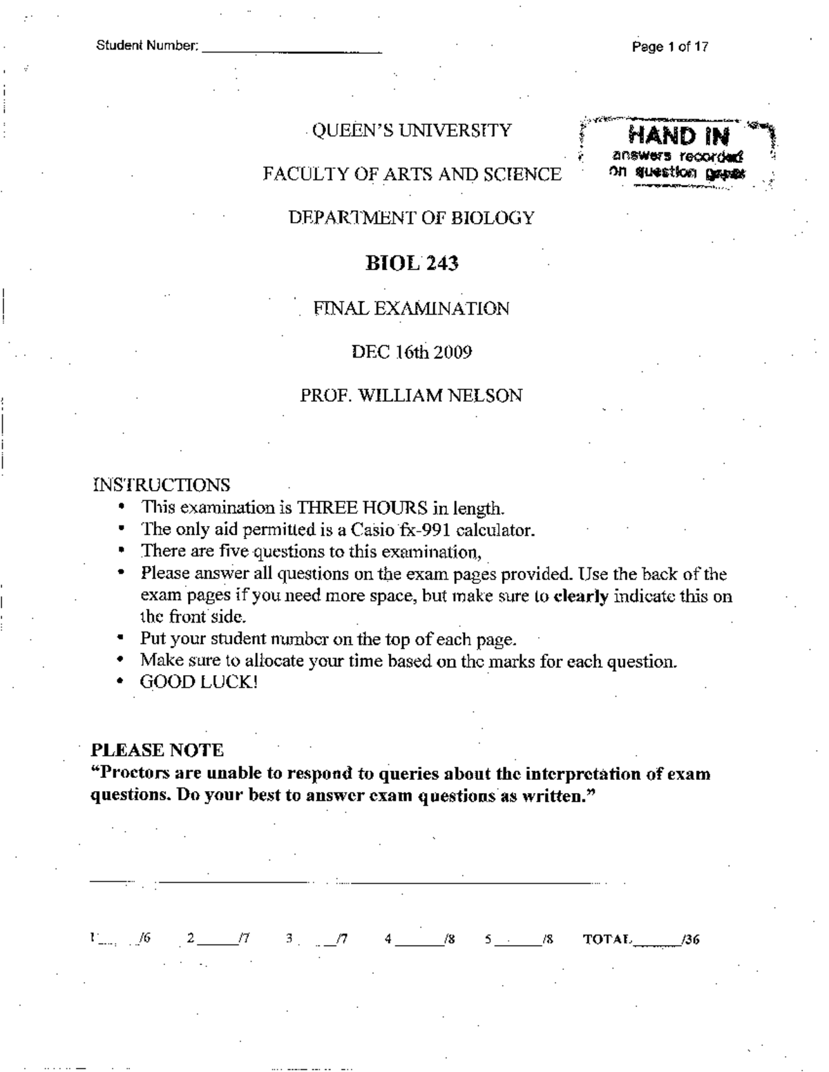 BIOL243 DEC 2009 - It's a 2009 past assignment - Student Number: * _ i ...