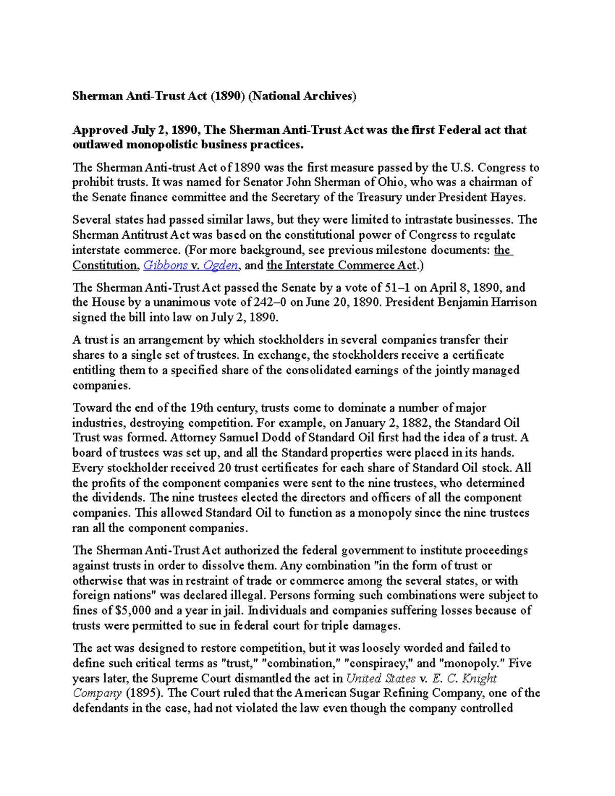 Sherman act text - Sherman Anti-Trust Act (1890) (National Archives ...