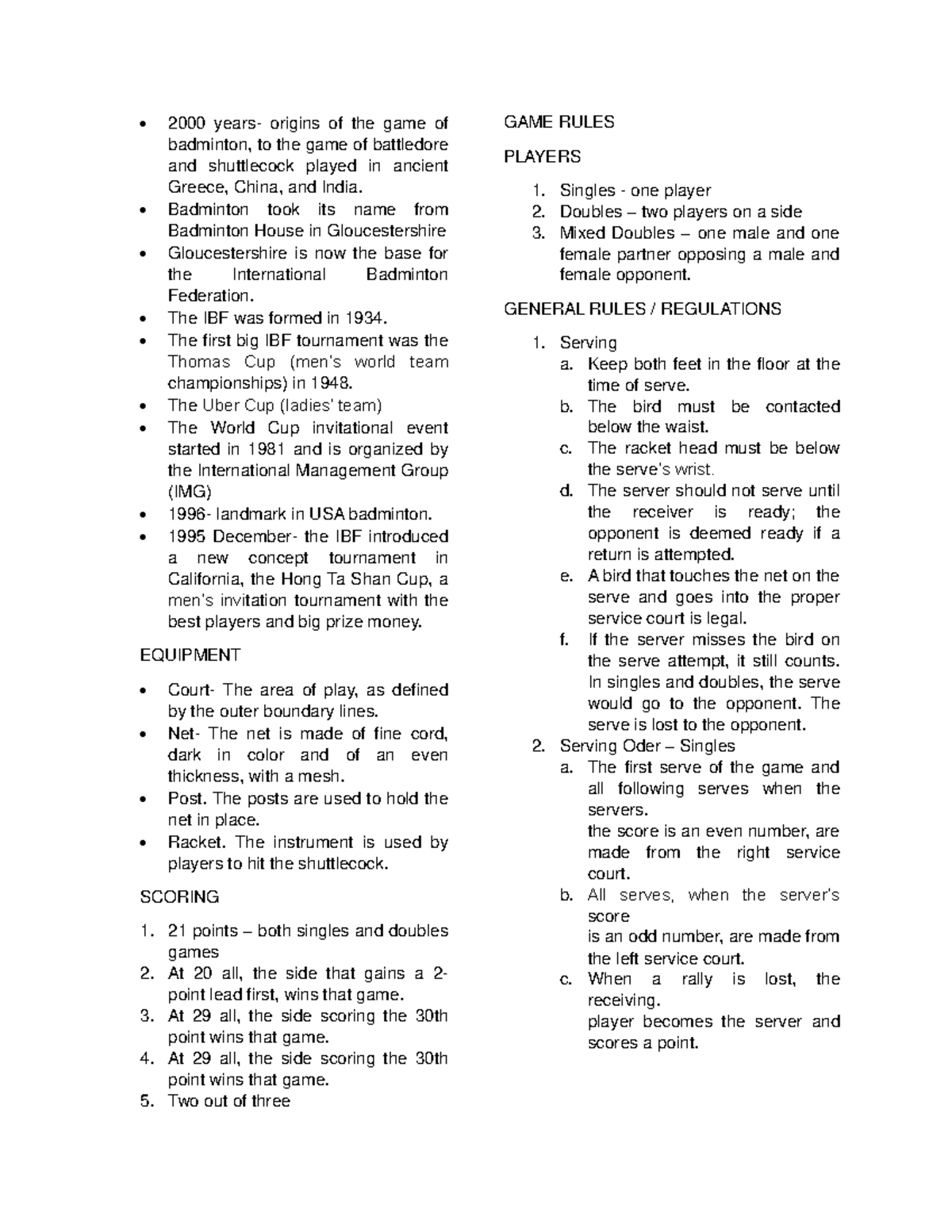 PE - Badminton - notes - 2000 years- origins of the game of badminton ...