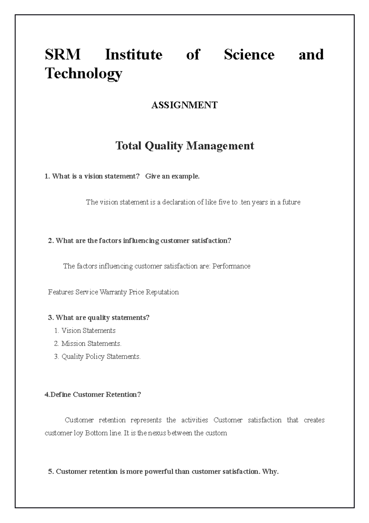 Total Quality Management Assignment - SRM Institute of Science and ...