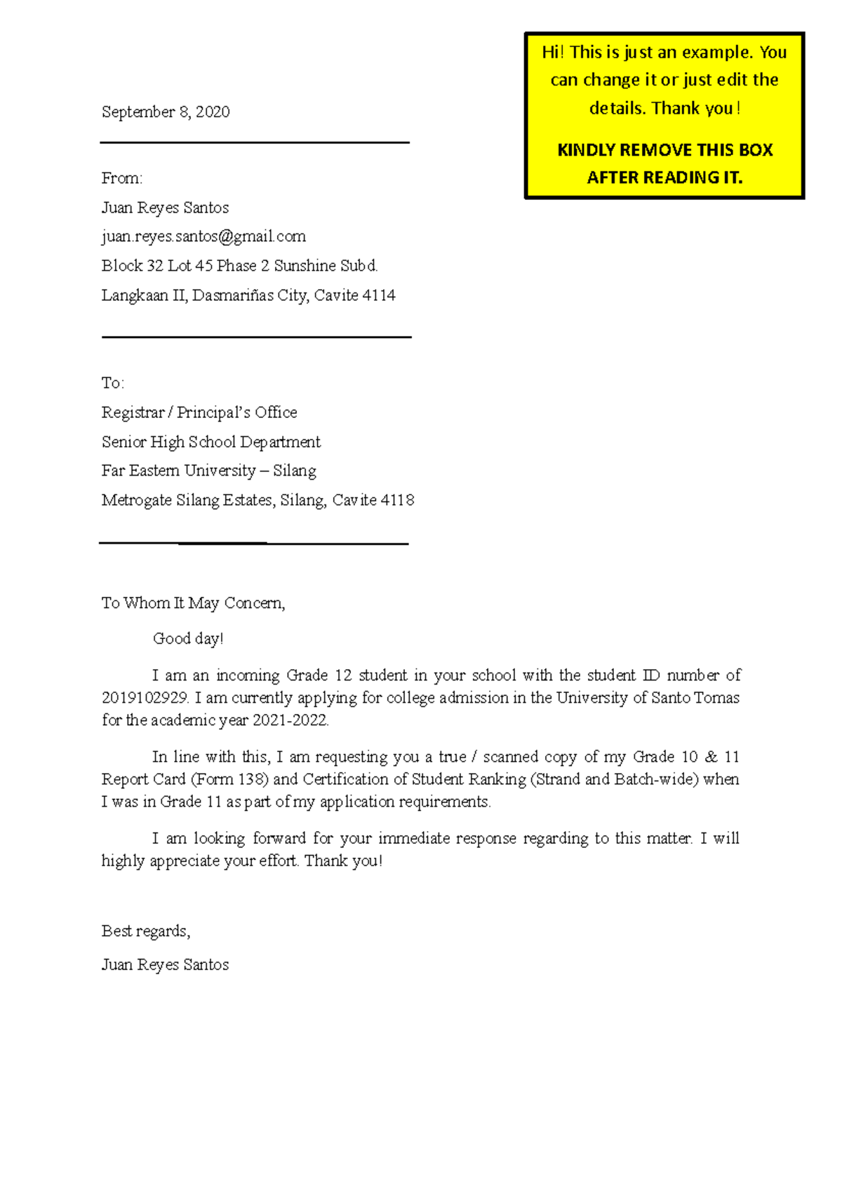 ID Card Request Letter Format