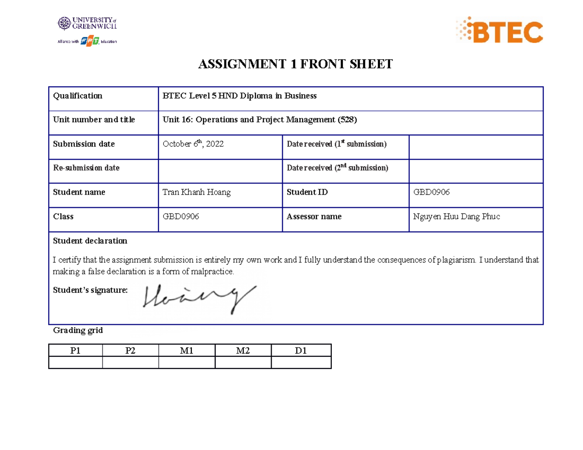 ASM1 - 528 asm 1 - ASSIGNMENT 1 FRONT SHEET Qualification BTEC Level 5 HND Diploma in Business ...