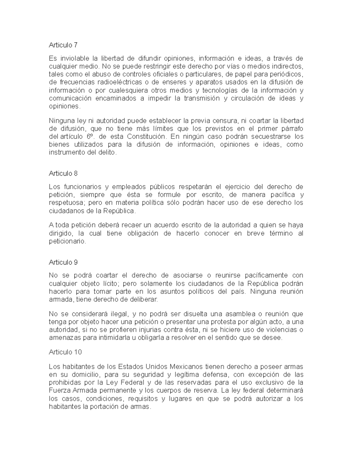 Articulos DEL 7 AL 11 - tarea - Articulo 7 Es inviolable la libertad de ...
