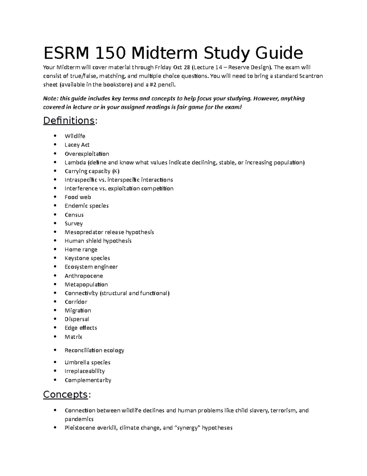 ESRM 150 Midterm Study Guide - ESRM 150 Midterm Study Guide Your Midterm will cover material ...