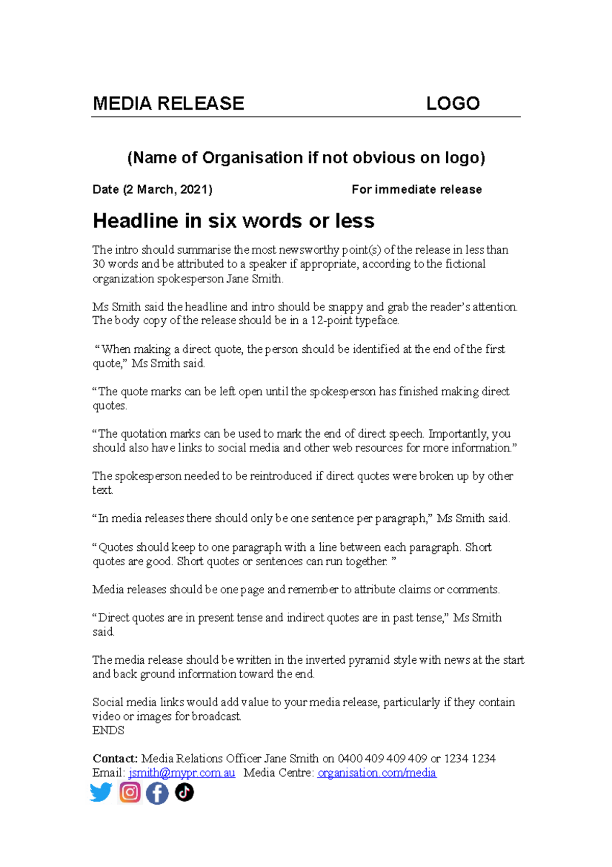 Media Release Template - MEDIA RELEASE LOGO (Name of Organisation if ...