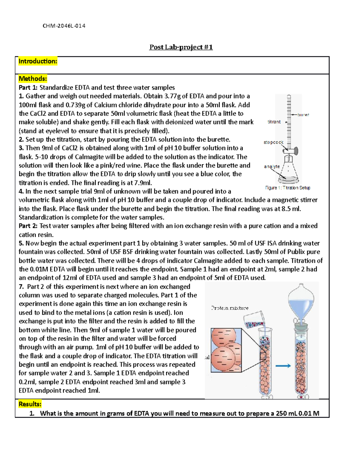 CHM- Post Lab#1 - chemistry post lab on the data - CHM-2046L- Post Lab-project # Introduction ...
