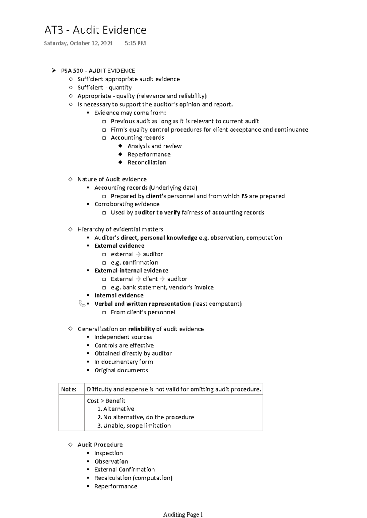 Audit Evidence - Summary Economics 101 - PSA 500 - AUDIT EVIDENCE ...