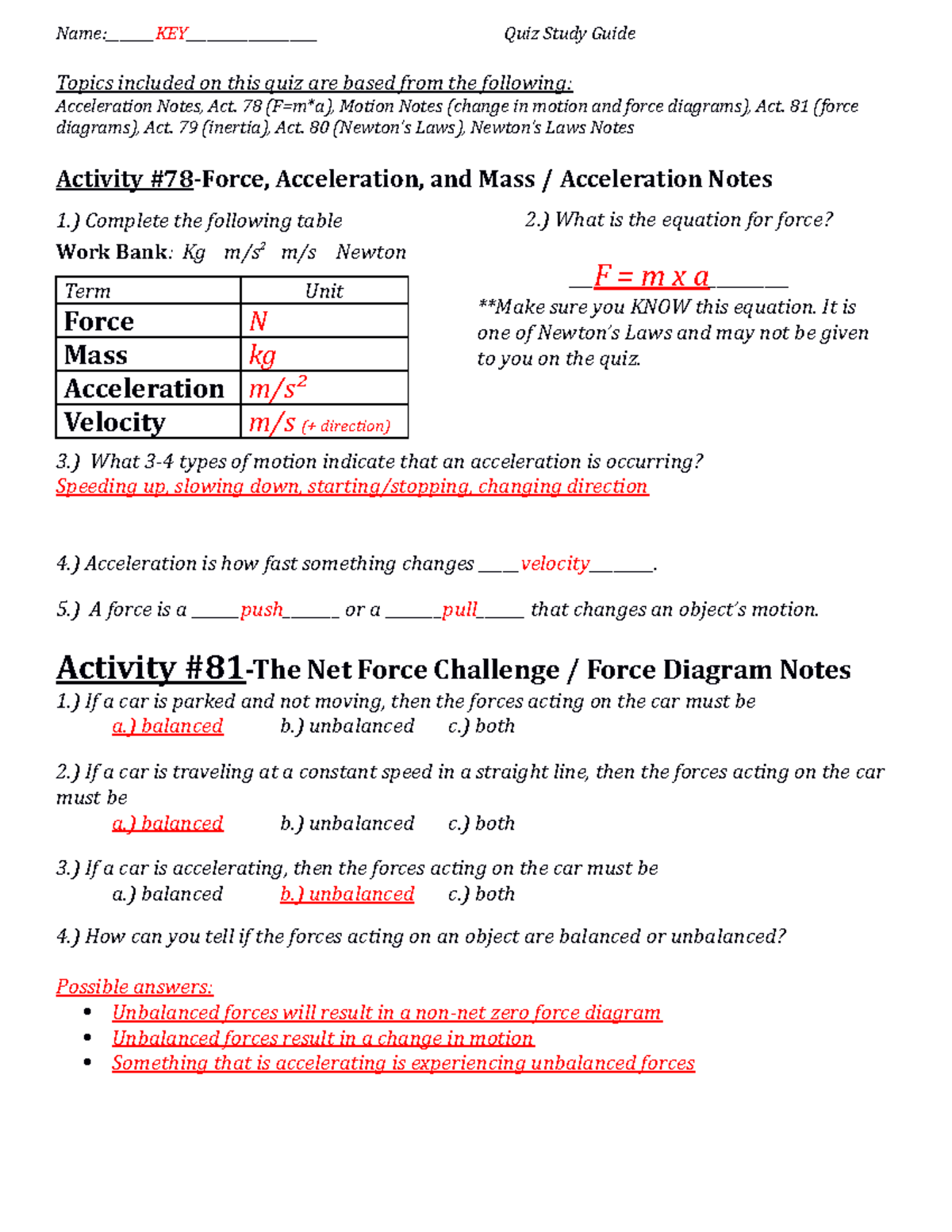 Force and Motion Study guide KEY - Name:KEY____________ Quiz Study ...
