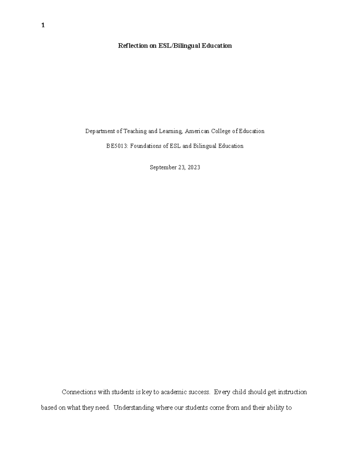 ESL Paper FOR Studoc - Reflection on ESL/Bilingual Education ...