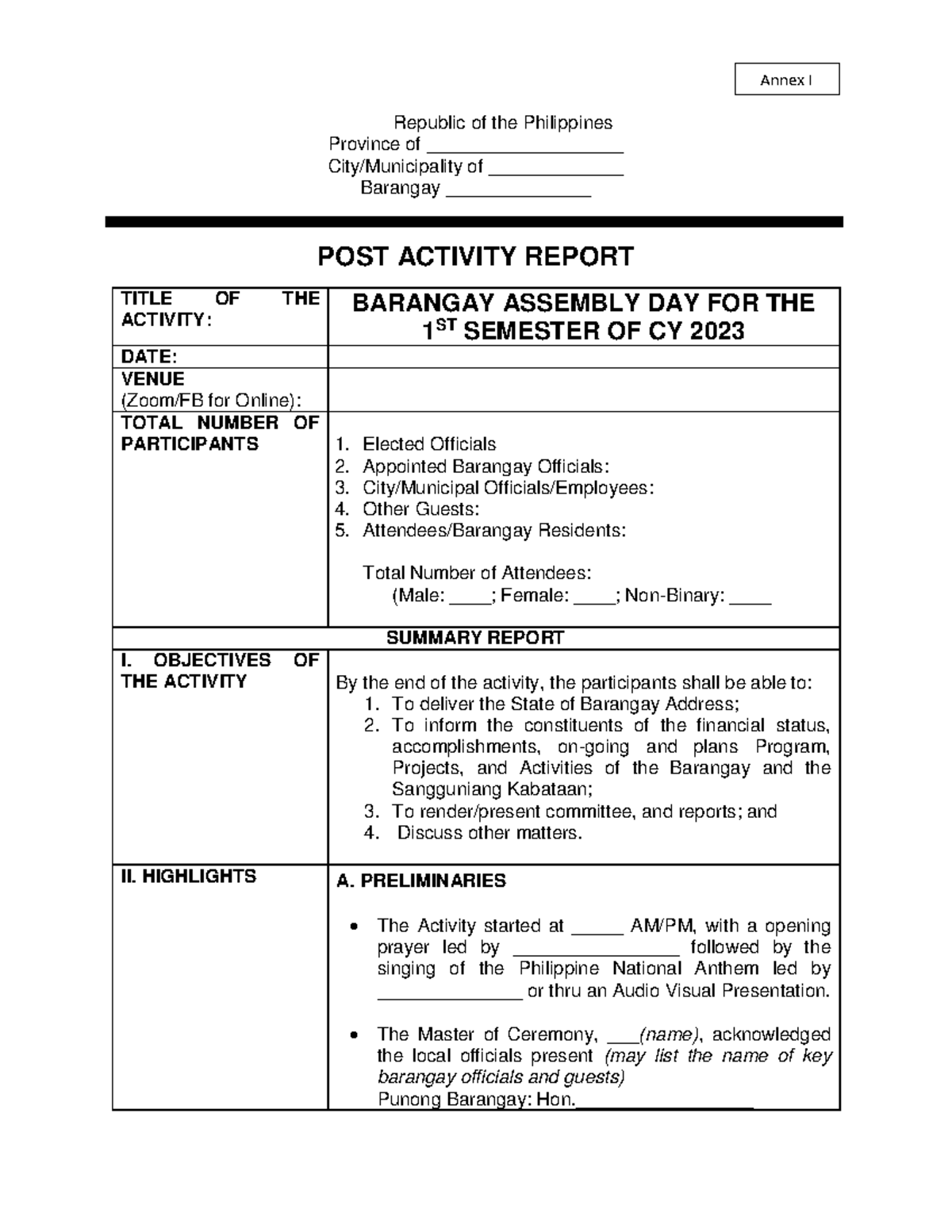 1 7 Post Activity Report Barangay Assembly Republic Of The