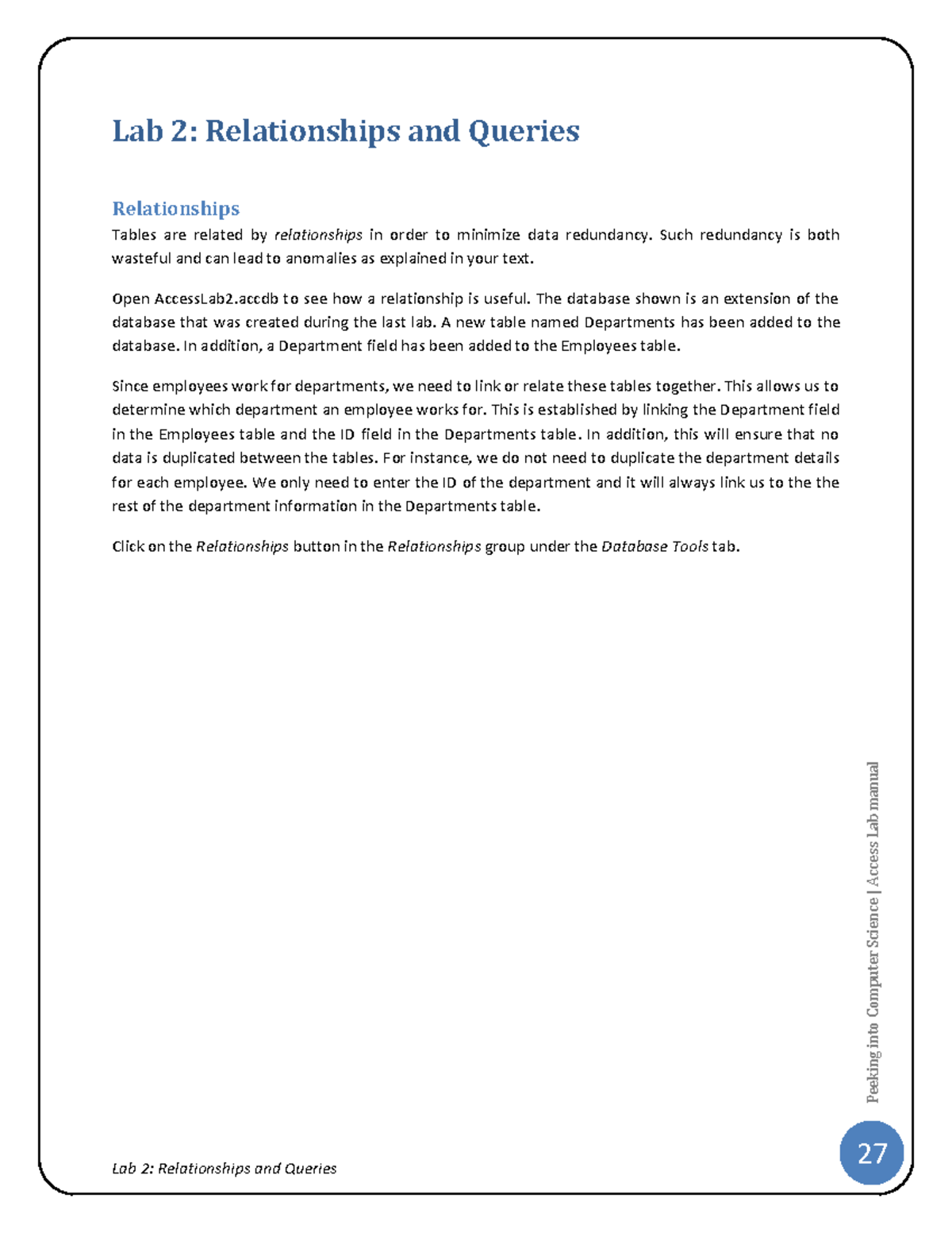 Lab2 Access - Activity - Peeking into Computer Science | Access Lab manual Lab 2: Relationships ...