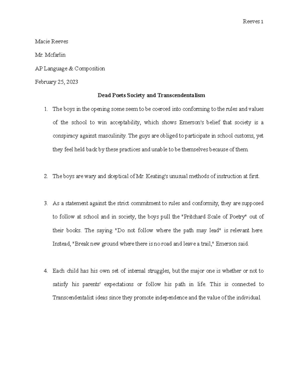Dead Poets Society Review Questions - Macie Reeves Mr. Mcfarlin AP ...