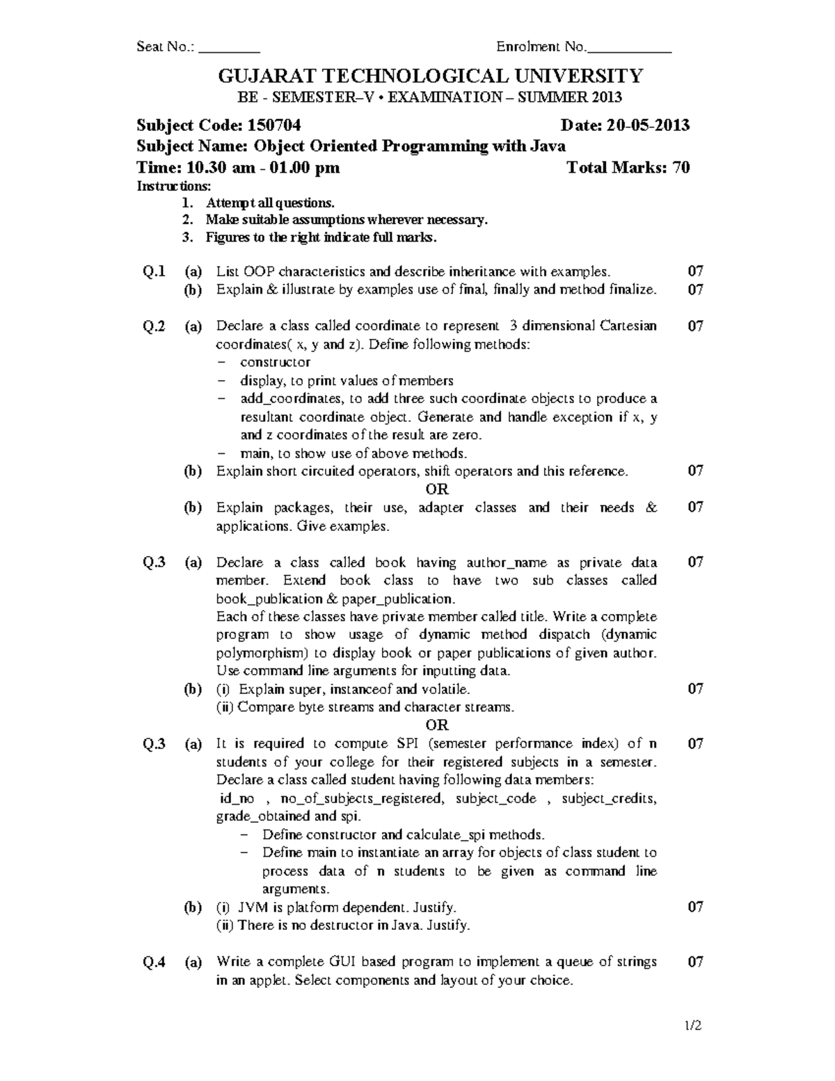 151305-150704-Object Oriented Programming With Java - 1/ Seat No.: ________ Enrolment No ...