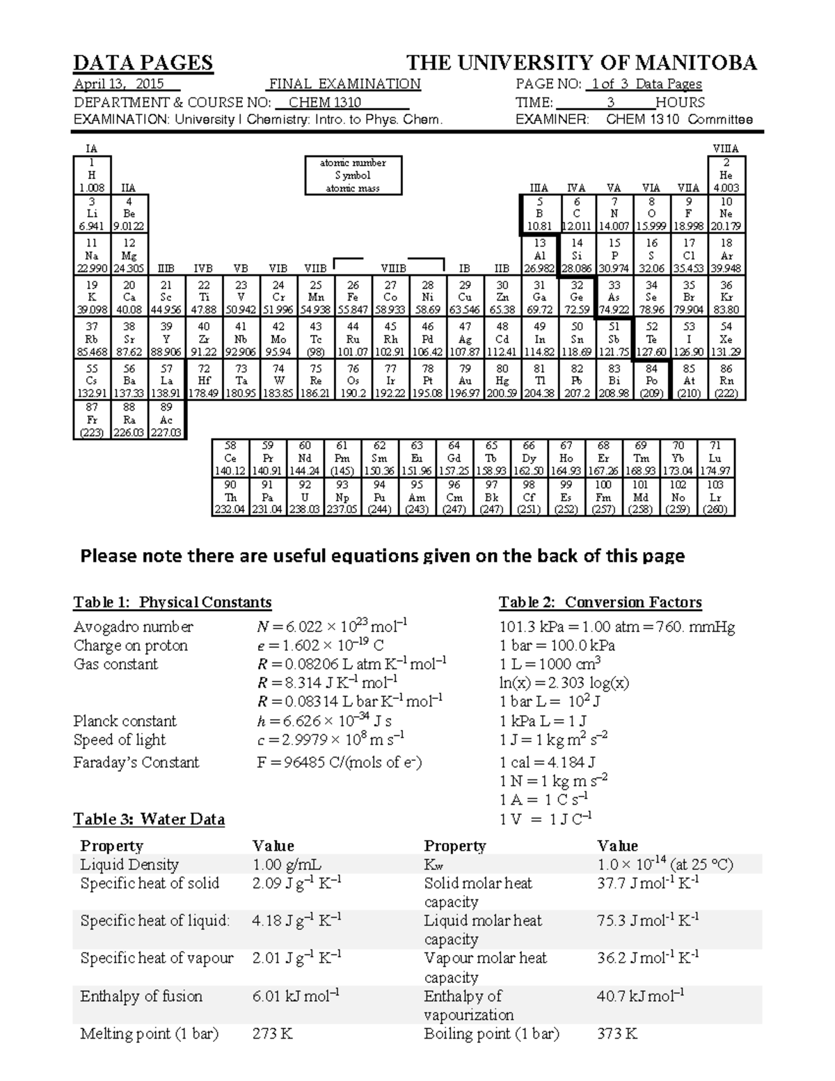 Formula sheet for Chem1310 - DATA PAGES THE UNIVERSITY OF MANITOBA ...