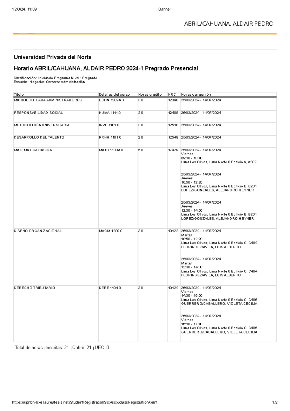 Horario de clases upn - 12/3/24, 11:09 Banner - Studocu