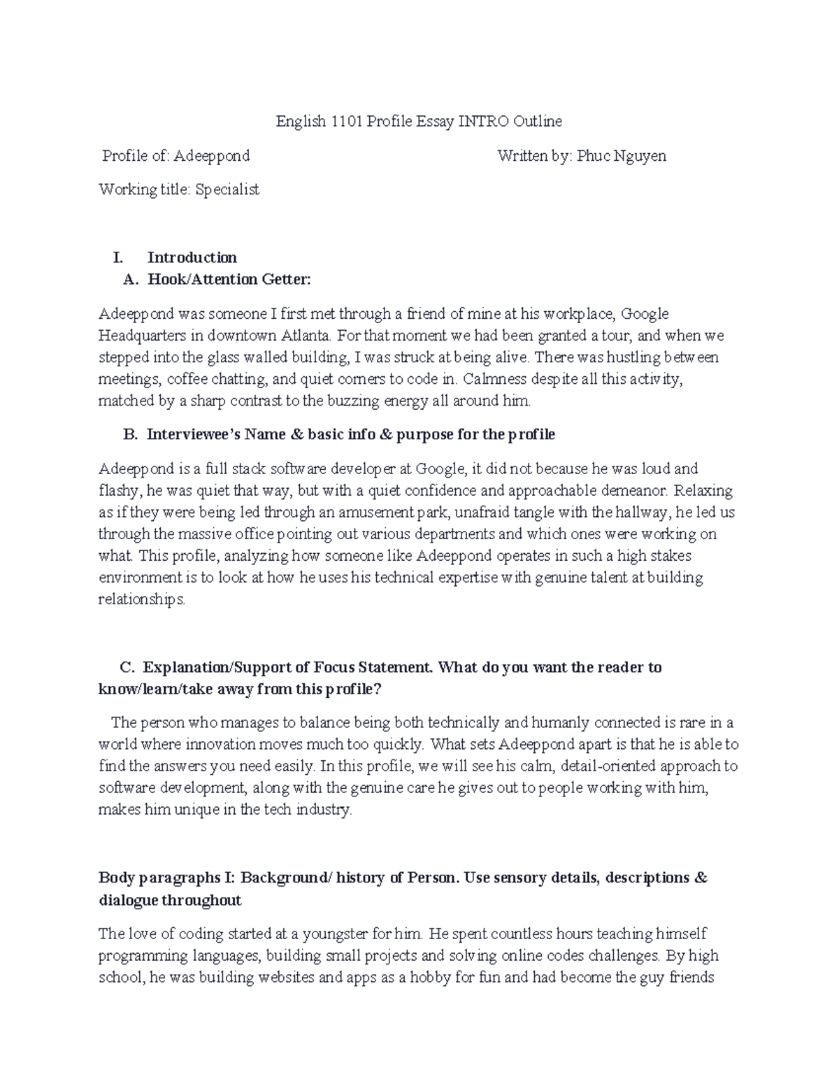 English 1101 Person Profile Essay Outline - English 1101 Profile Essay ...