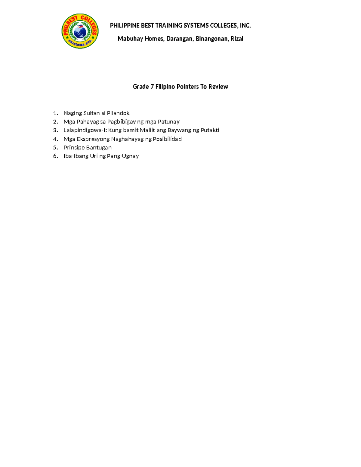 Pointers To Review - Mabuhay Homes, Darangan, Binangonan, Rizal Grade 7 ...