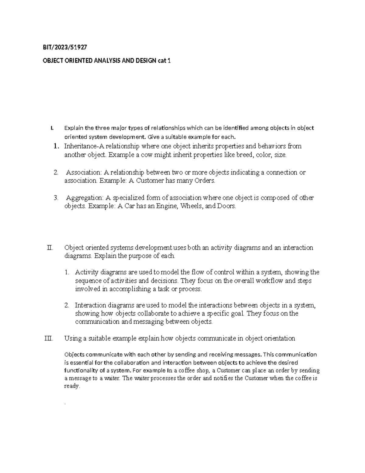 Object Oriented Analysis Cat 1 Bit2023 Object Oriented Analysis And 2834