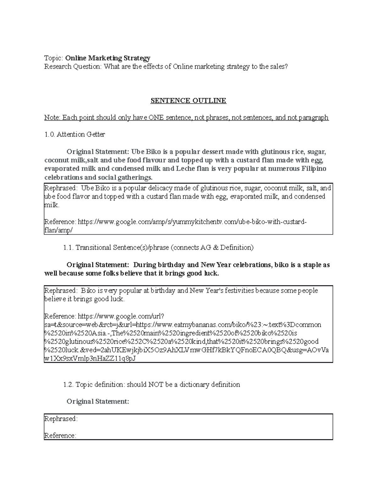 Sentence Outline Sample Answer - Topic: Online Marketing Strategy ...