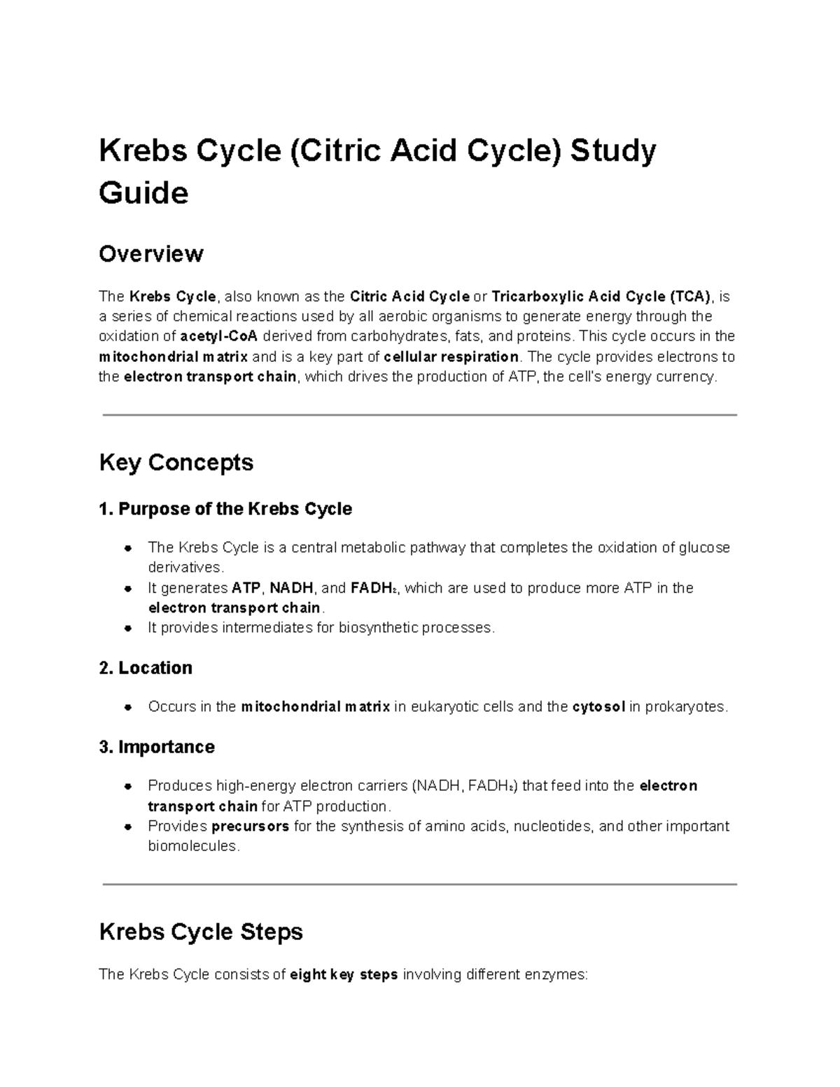 Krebs Cycle (Citric Acid Cycle) Study Guide - Krebs Cycle (Citric Acid ...