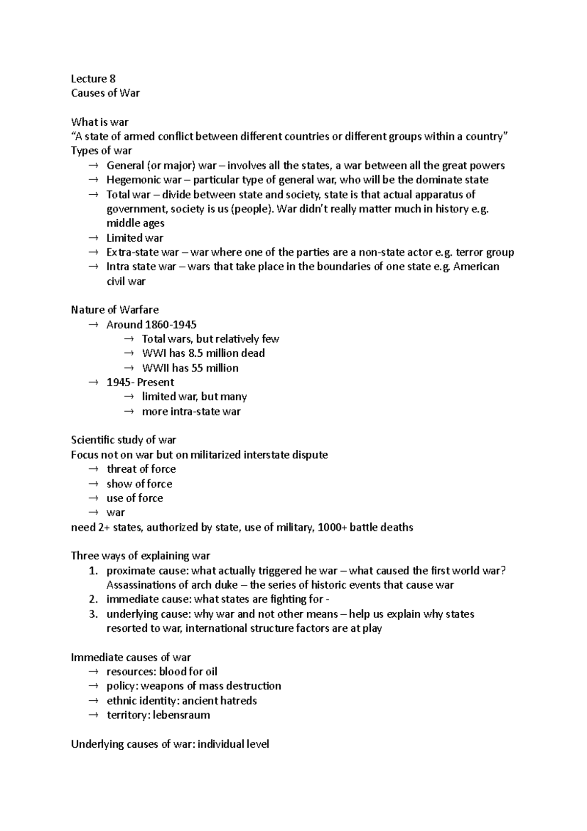Lecture 8 - Causes of War (1) - Lecture 8 Causes of War What is war “A ...