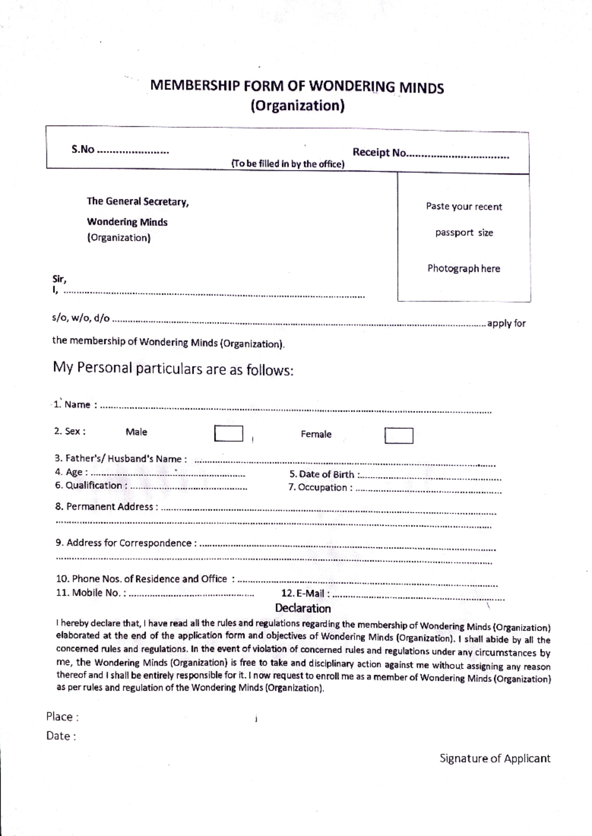 Wondering Minds Membership Form - MEMBERSHIP FORM OF WONDERING MINDS ...