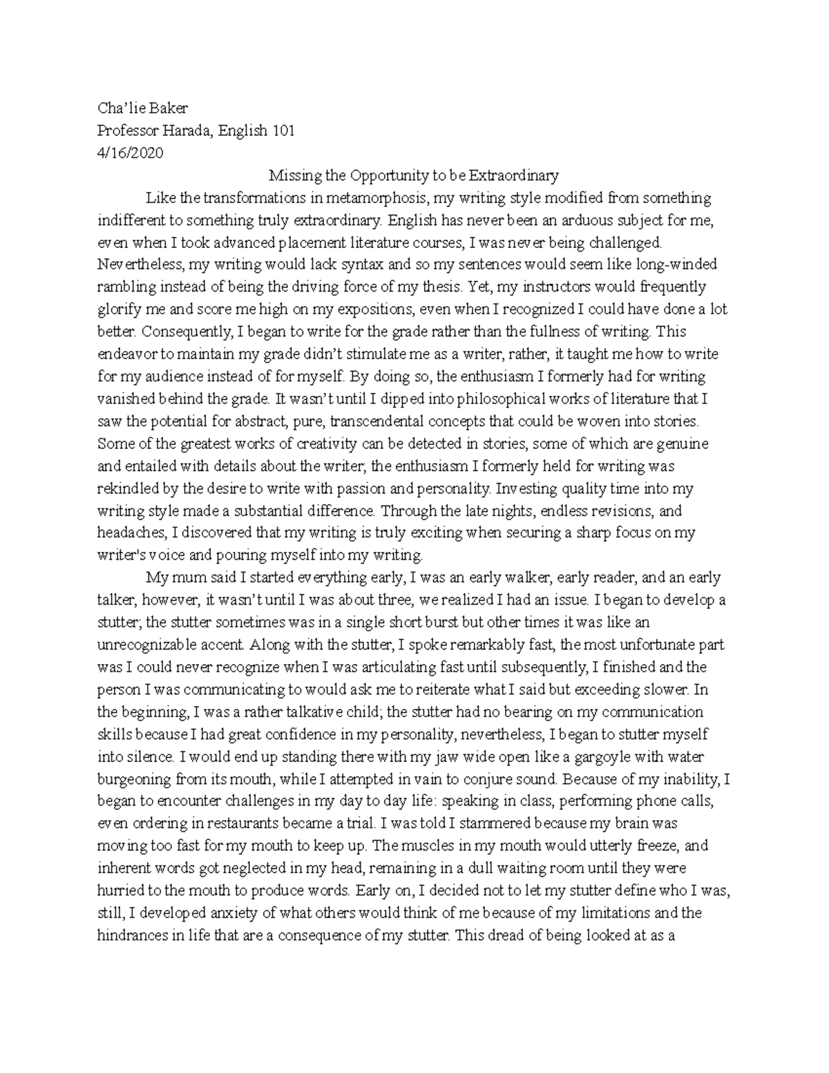 M1 Writing Assignment The Personal Writer - Cha’lie Baker Professor ...