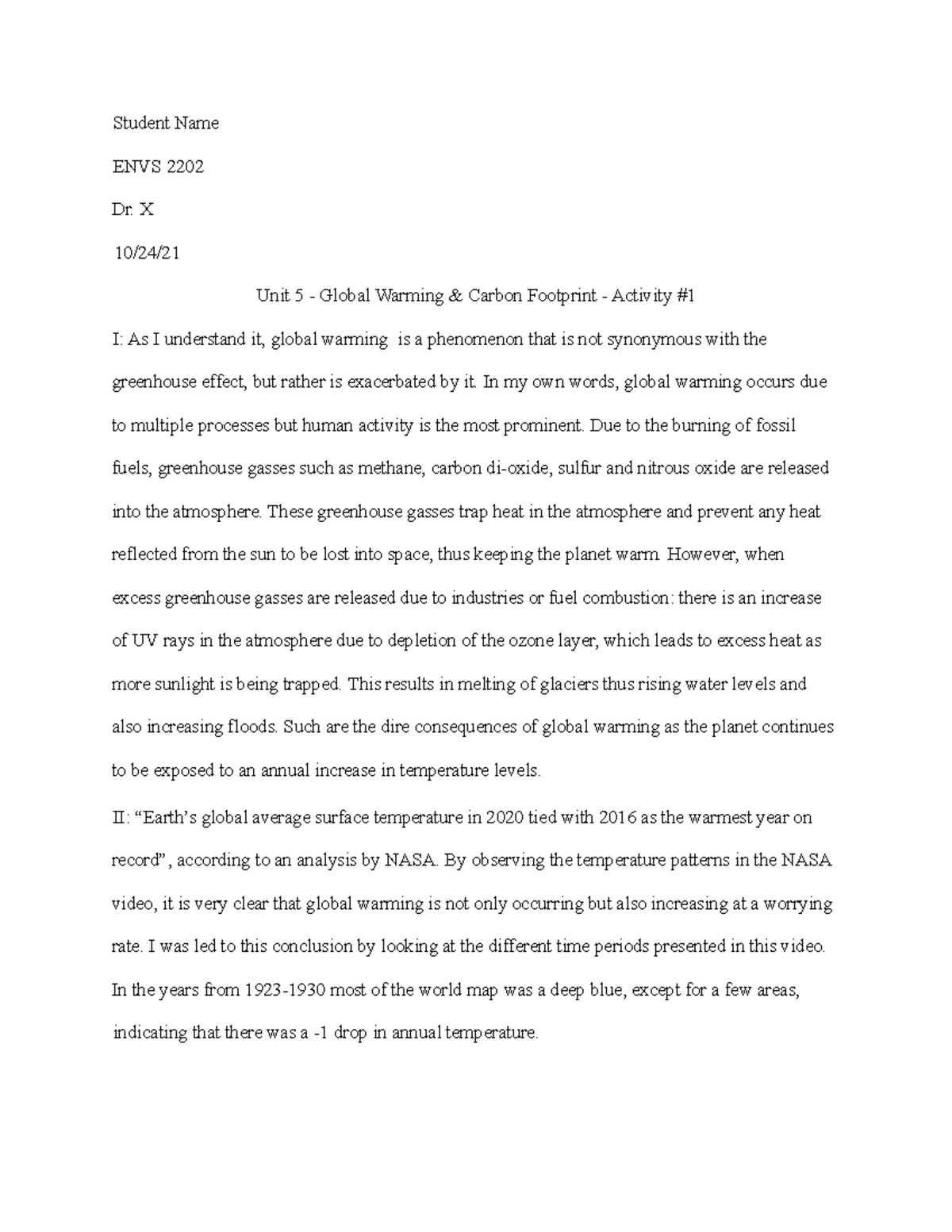 Unit 5 Global Warming - Student Name ENVS 2202 Dr. X 10/24/ Unit 5 ...