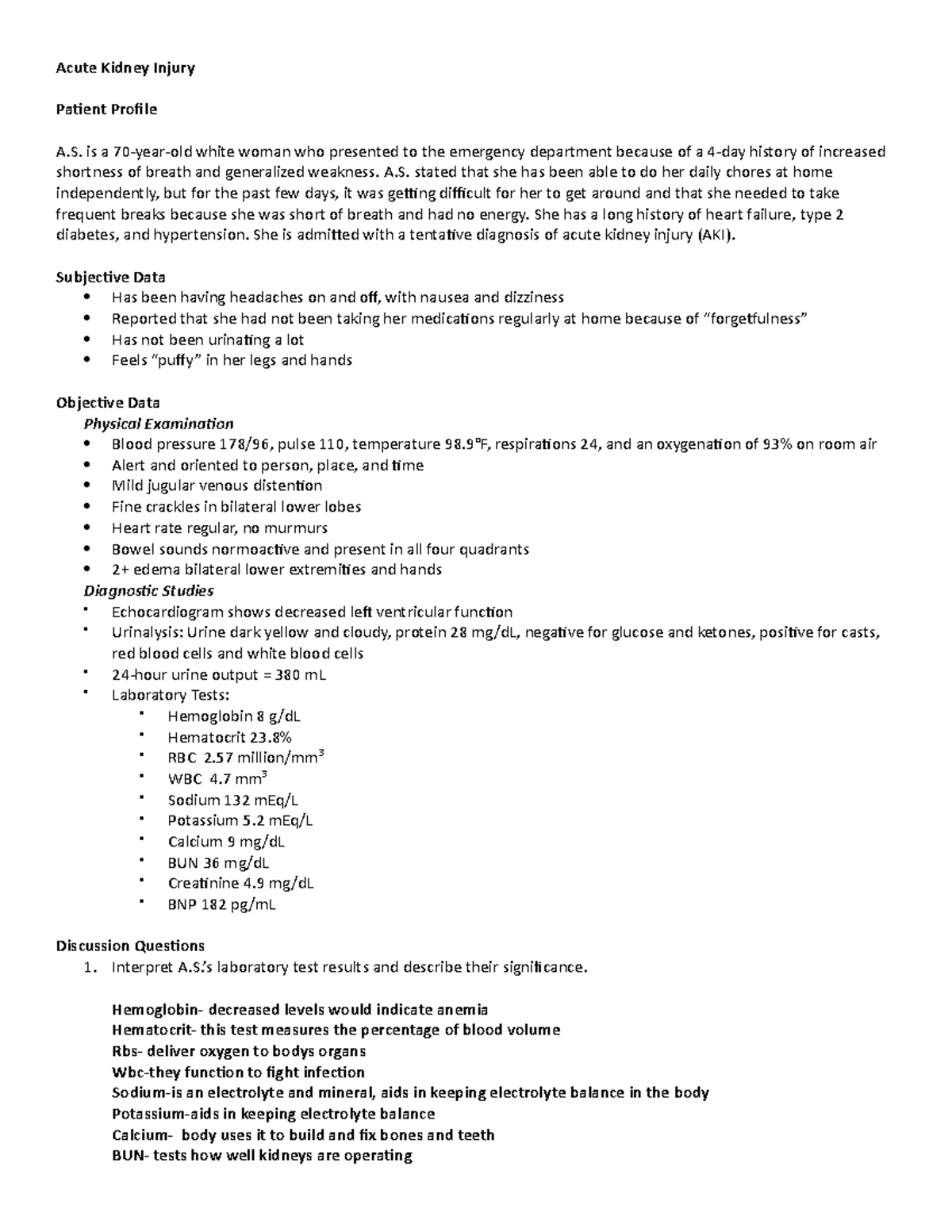 NSG 250 Acute Kidney Injury Case Study - Acute Kidney Injury Patient ...