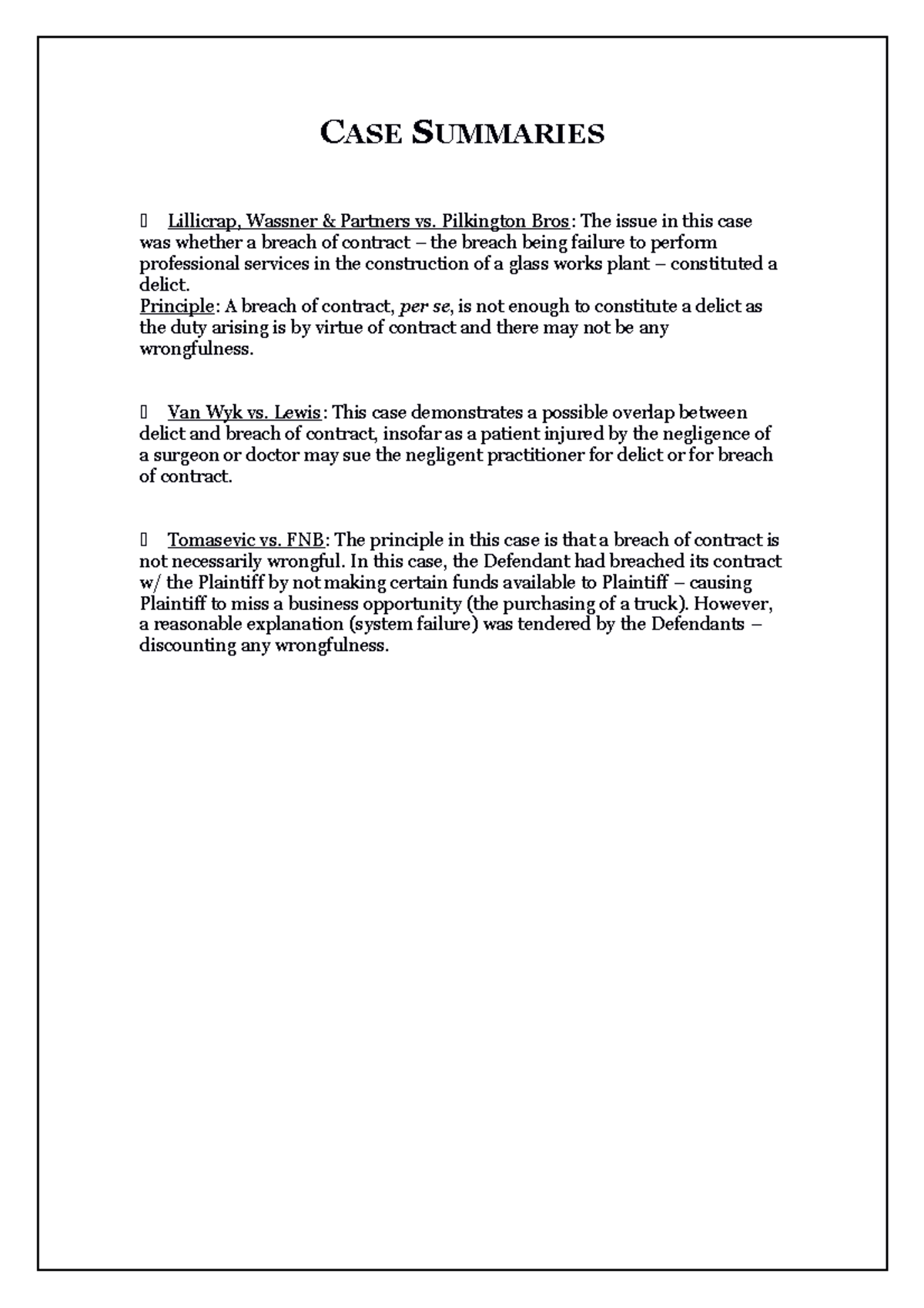 CASE Summaries - CASE SUMMARIES Lillicrap, Wassner & Partners vs ...