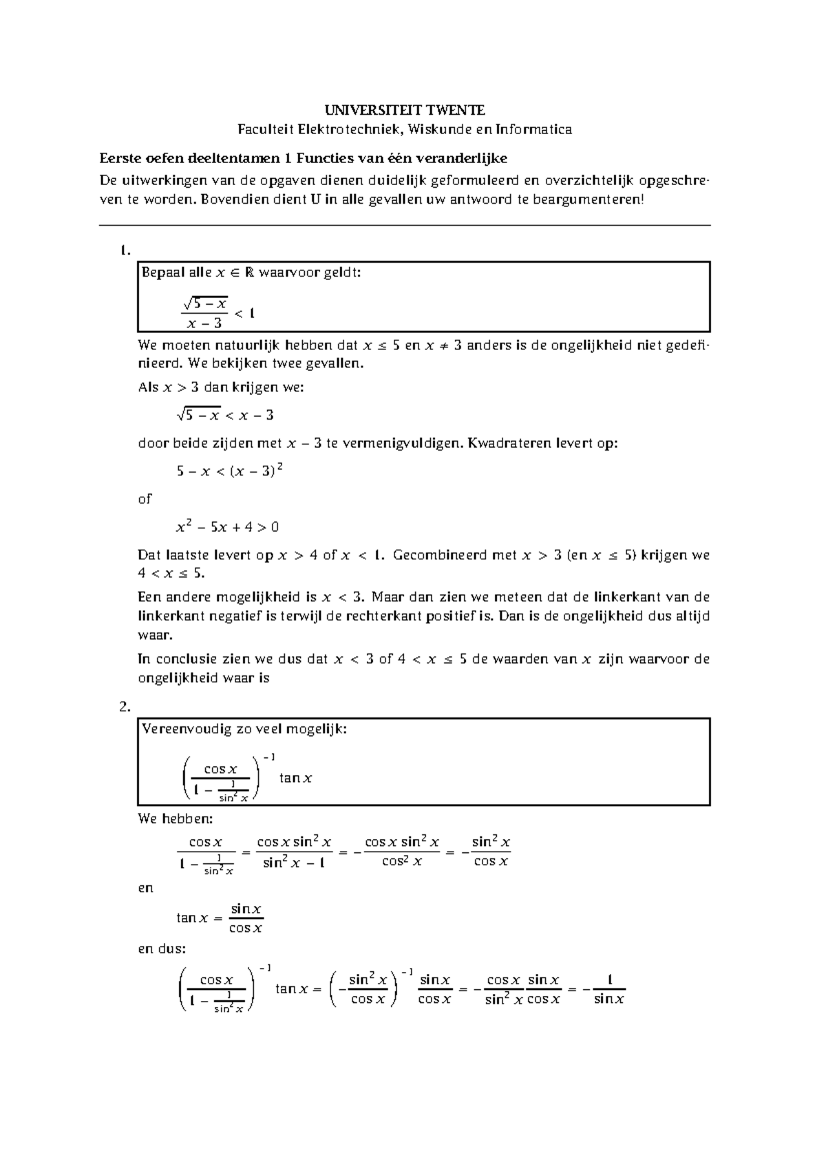 Proef/oefen tentamen 1 Oktober, vragen en antwoorden - UNIVERSITEIT TWENTE Faculteit - Studeersnel