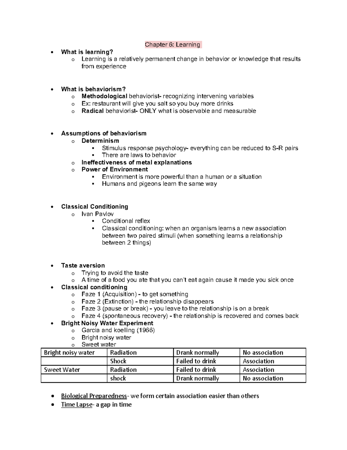 Learning of the brain - Chapter 6: Learning • What is learning? o ...