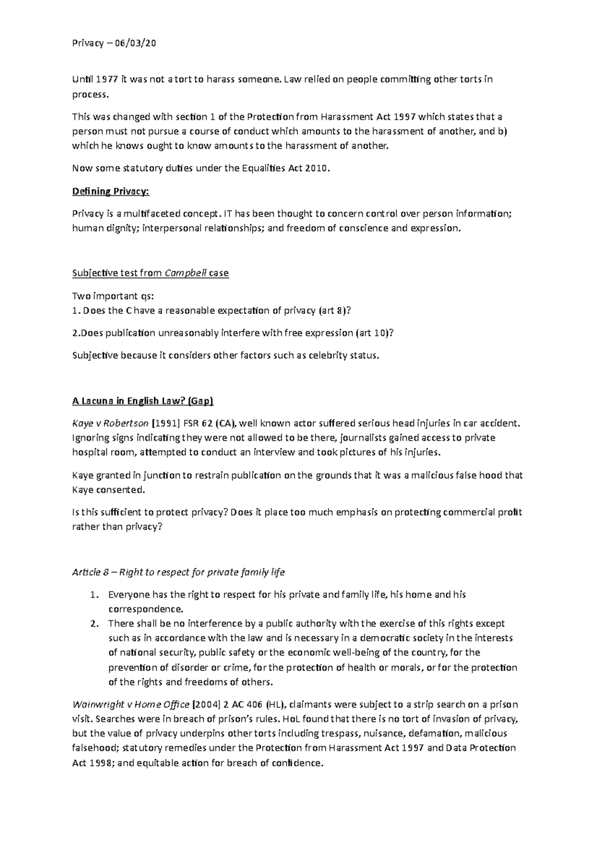 Privacy Lecture Notes for Tort Law Warwick Uni - Until 1977 it was not ...