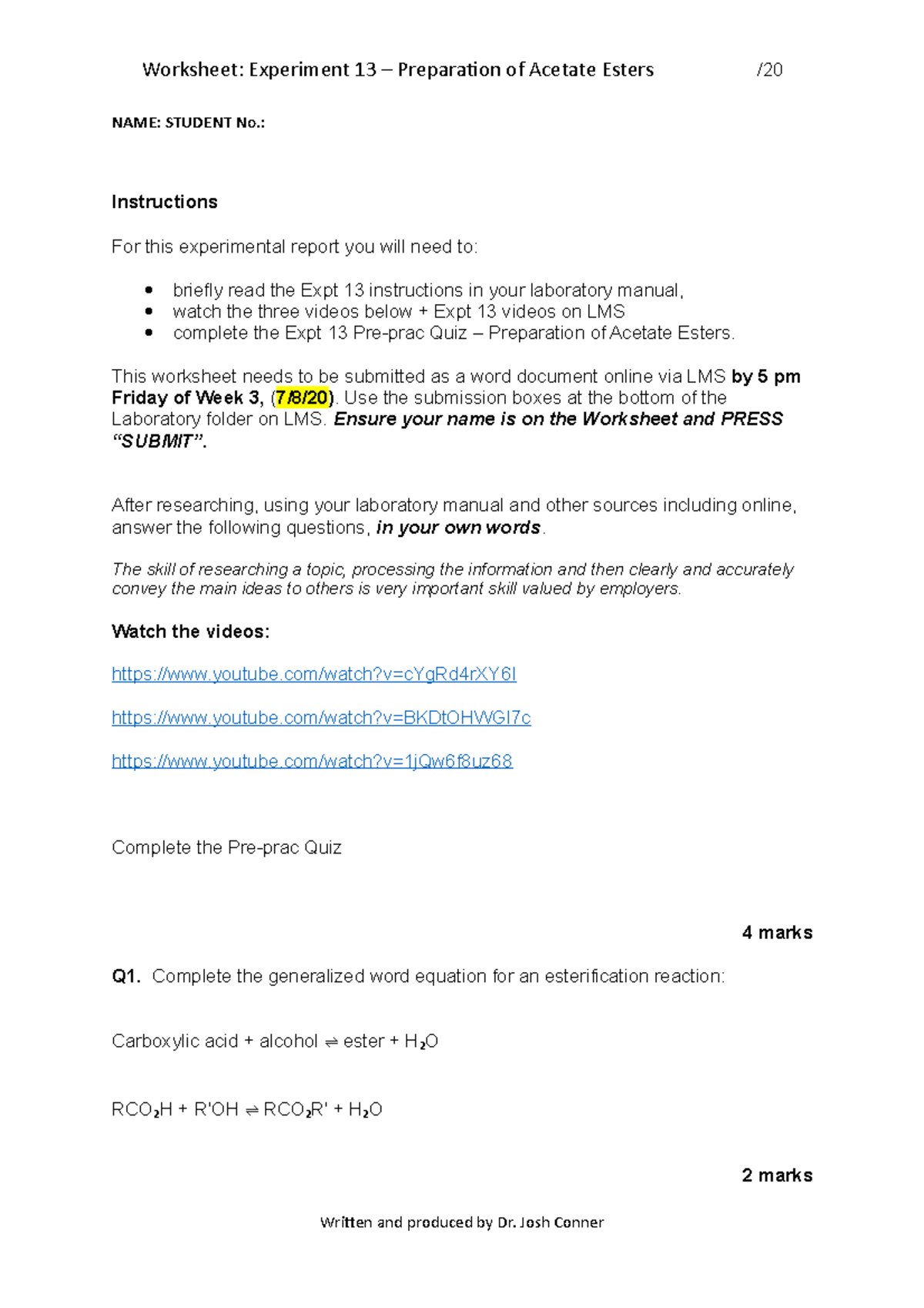 CHE1APL Exp 13 Esters 15104337 - NAME: STUDENT No.: Instructions For ...