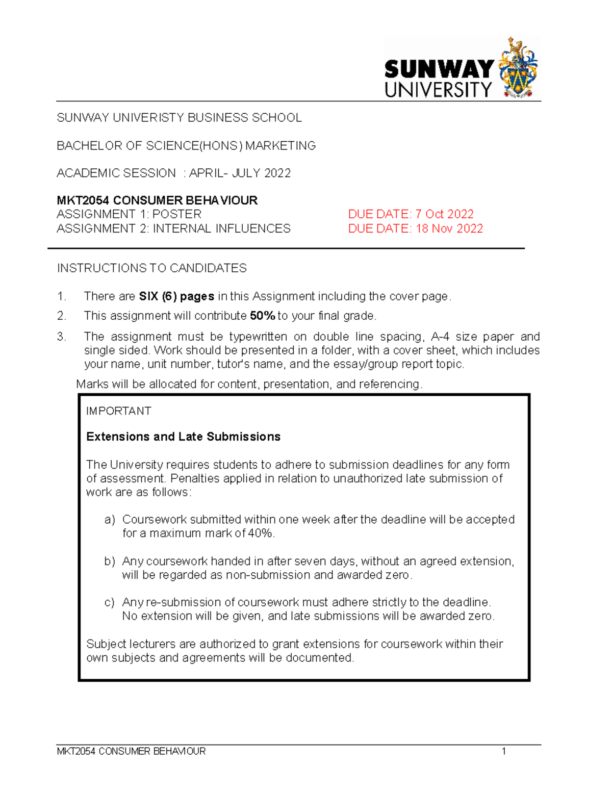 MKT2054 CW August 2022 - Assignment Question - SUNWAY UNIVERISTY ...