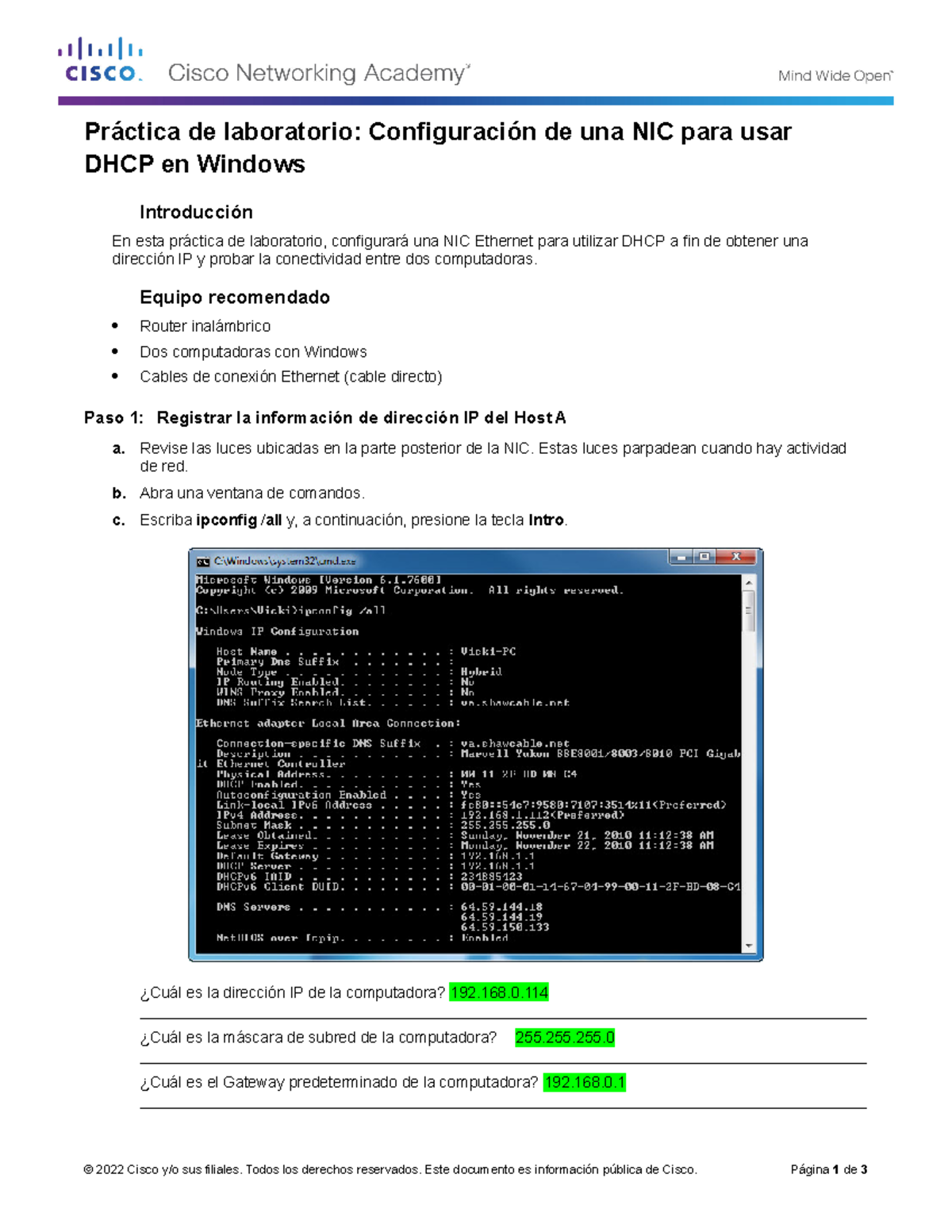 Practica 12.2 - Configurar NIC para usar DHCP en Windows - Práctica de laboratorio ...