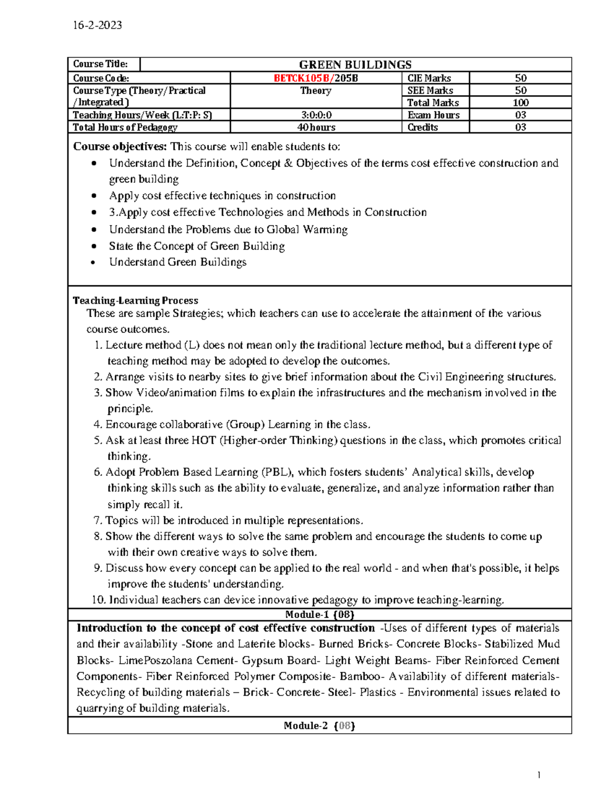 Betck 105B syllabus - vtu syll - Course Title: GREEN BUILDINGS Course ...
