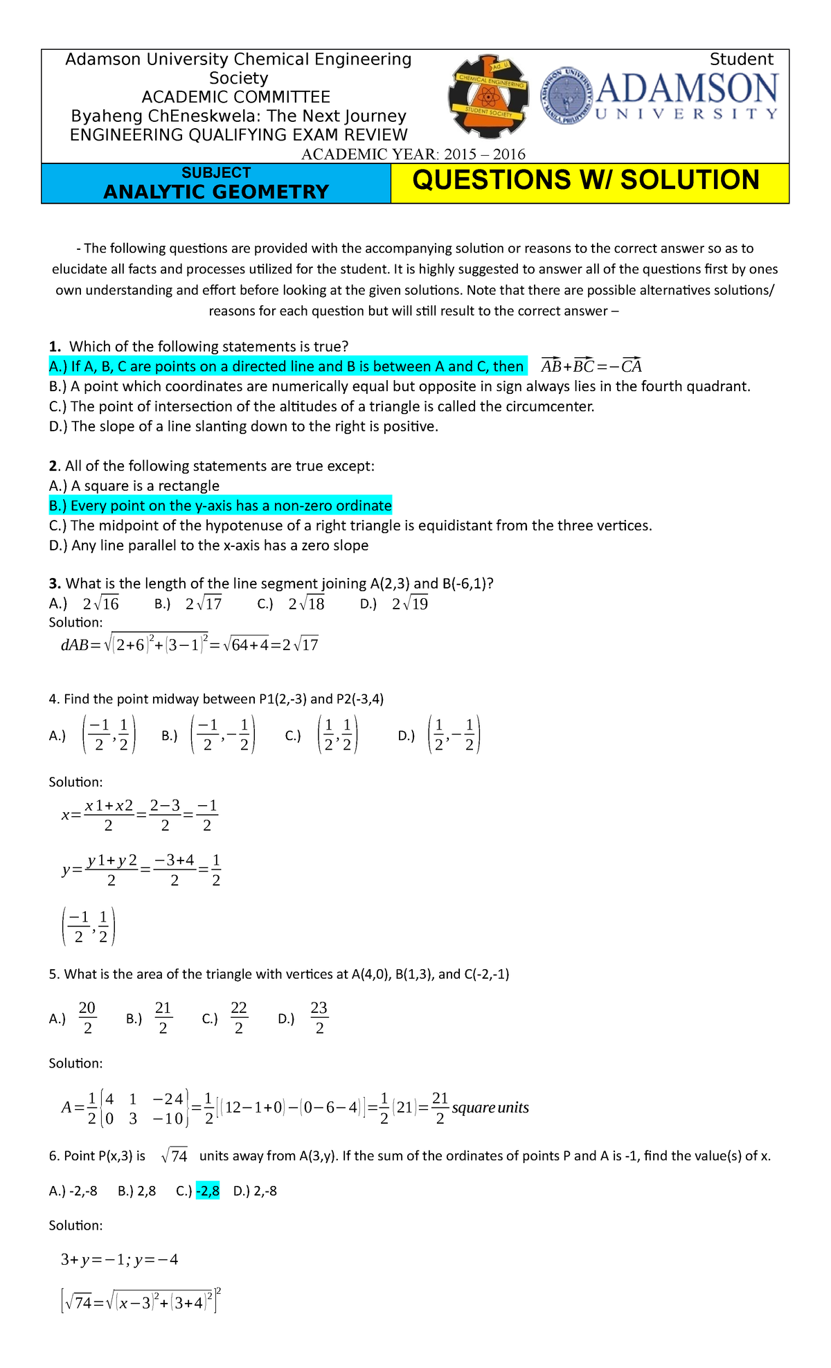 Analytic Geometry 2016 Solutions - Adamson University Chemical ...