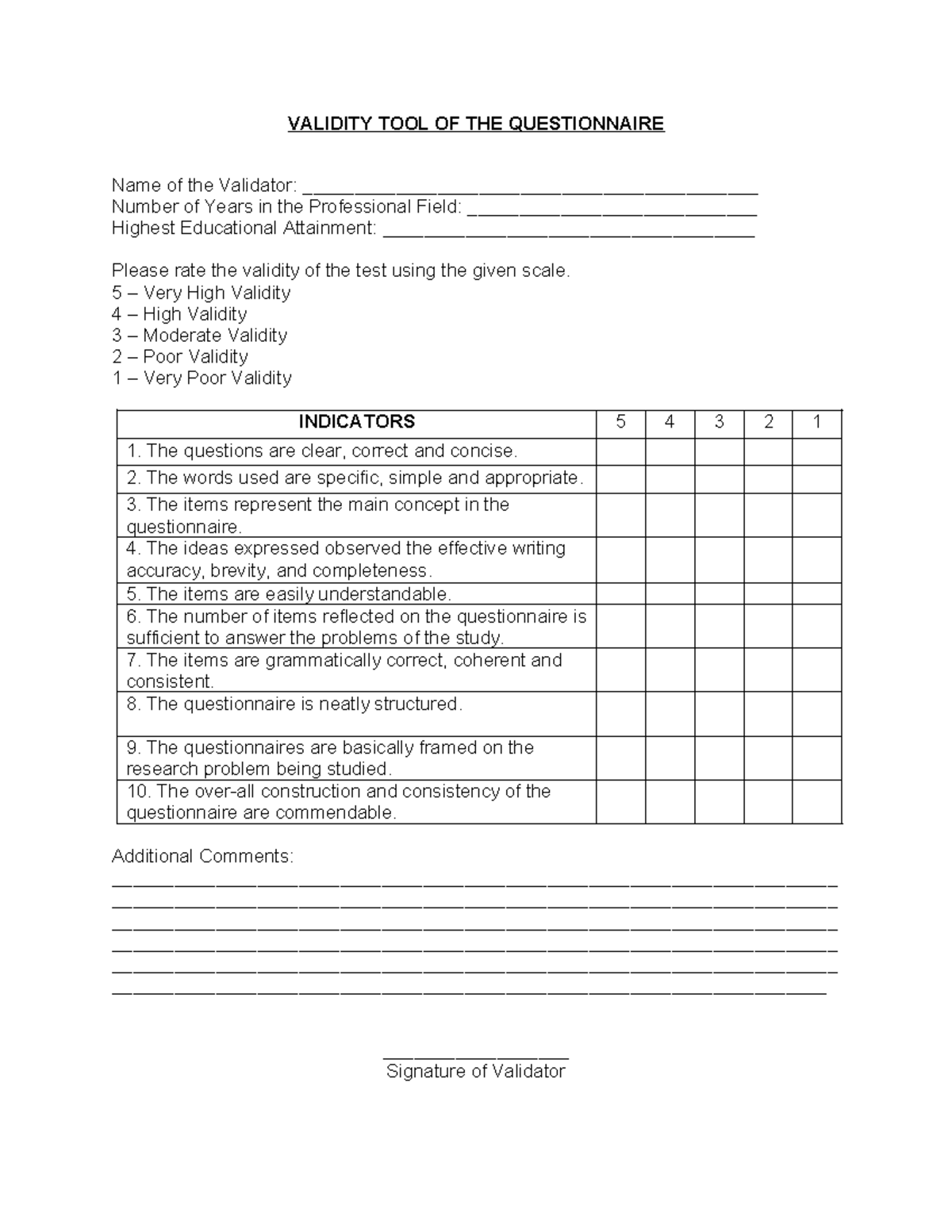 Validity TOOL OF THE Questionnaire - VALIDITY TOOL OF THE QUESTIONNAIRE ...