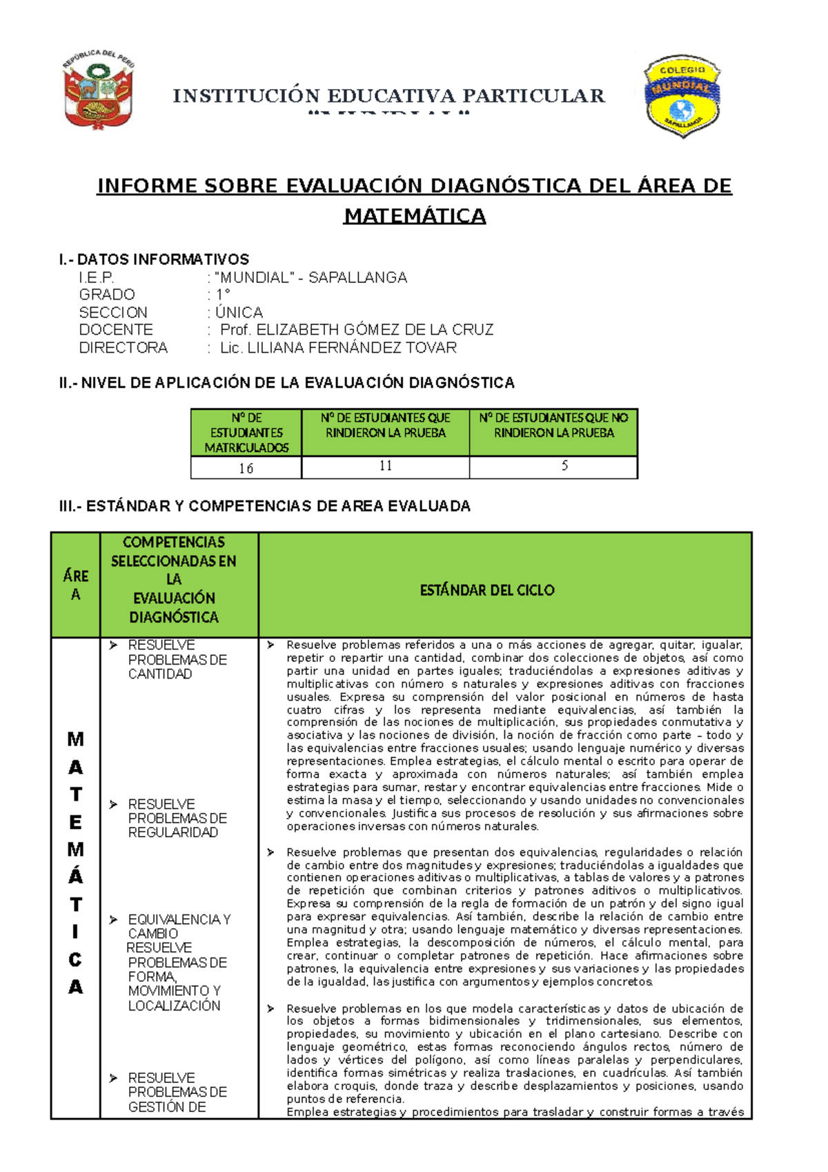 Informe Diagnostico 1RO - matematicas - UTP - StuDocu