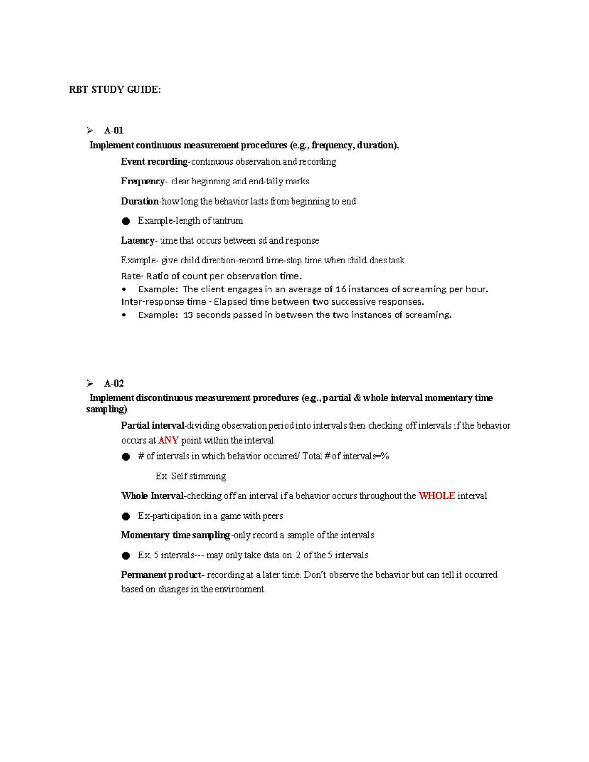 RBT Study Guide - RBT STUDY GUIDE: ⮚ A- Implement continuous ...