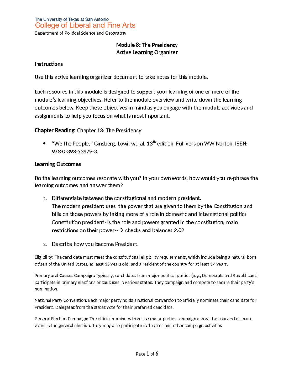 Module 8 Active Learner Organizer-1 - Module 8: The Presidency Active ...