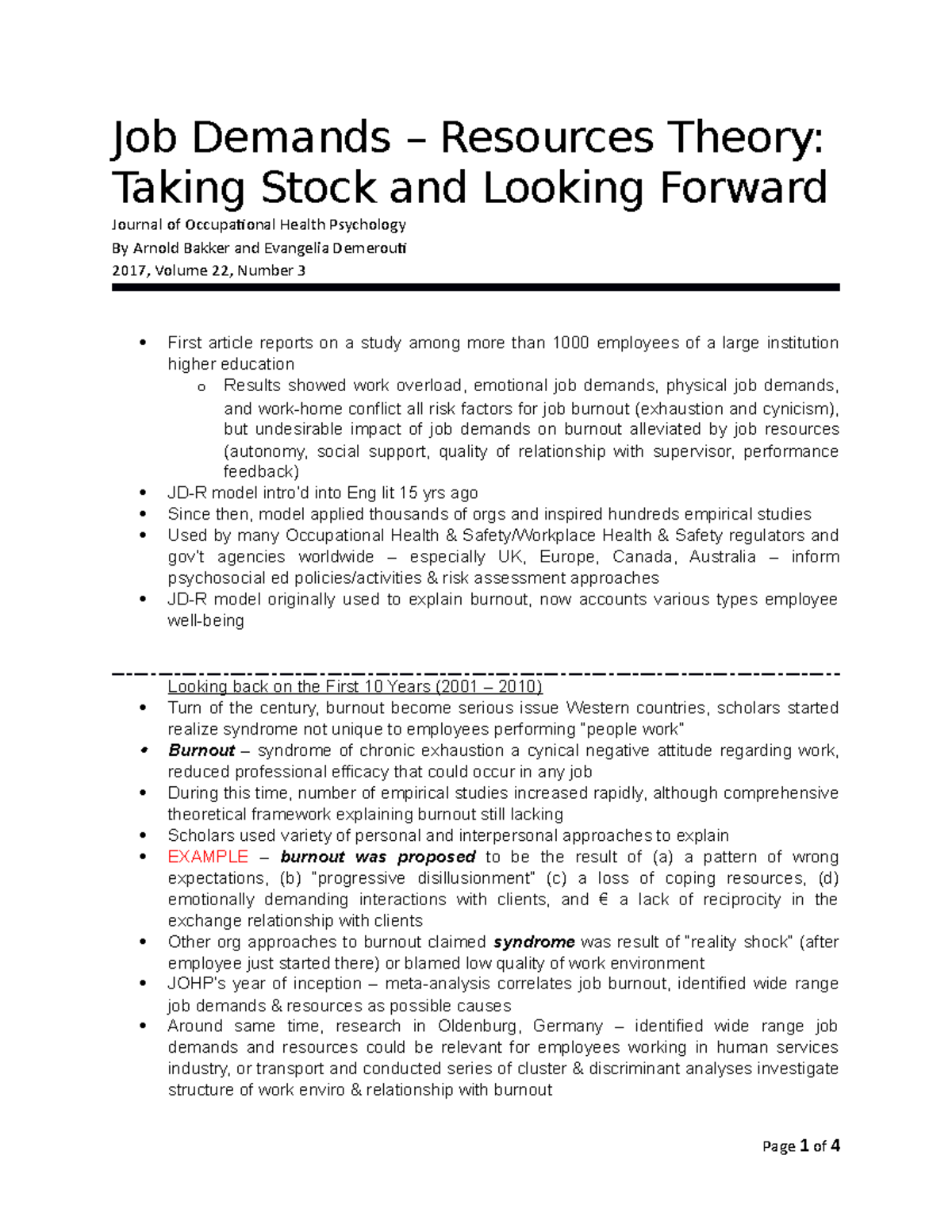 Notes (JD-R Theory) - Job Demands Resources Theory: Taking Stock and ...