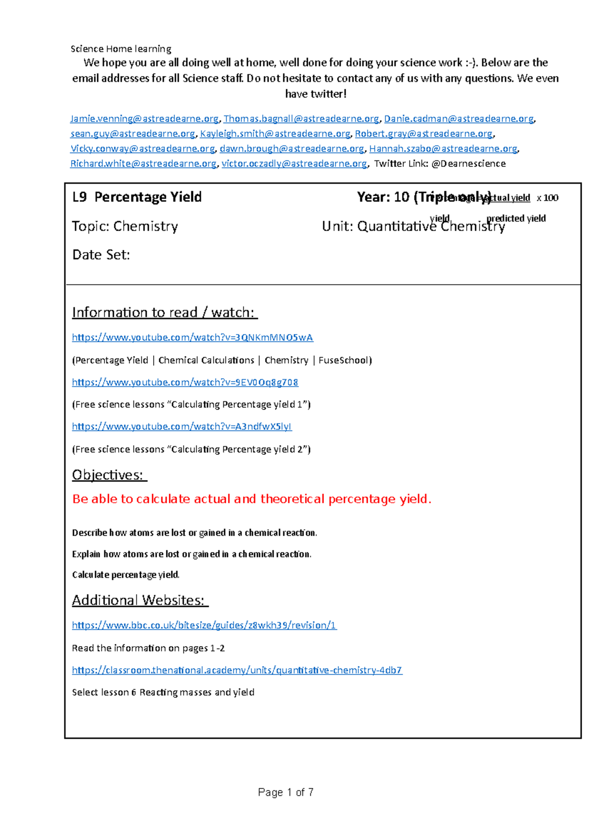 Lesson 9 Quantitative Chemistry - Science Home learning We hope you are ...