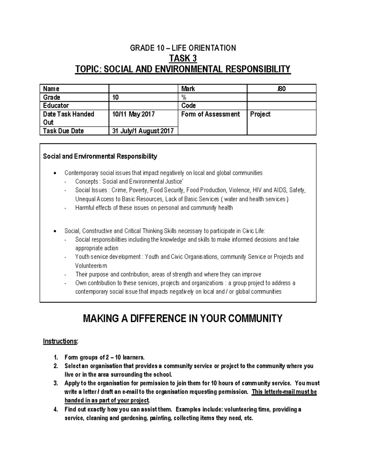 Grade 10 LIFE Orientation TASK 3 Topic S GRADE 10 LIFE ORIENTATION