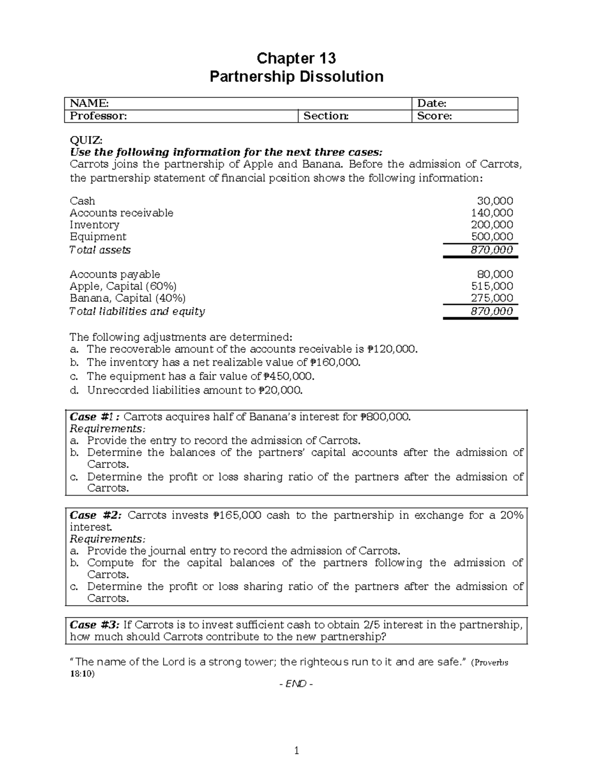 Partnership Dissolution Practice Set without Solutions - Chapter 13 Partnership Dissolution NAME ...