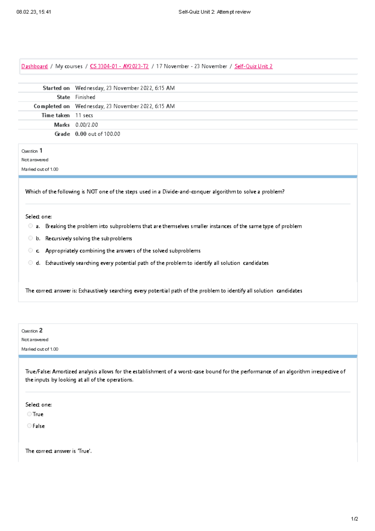 CS 3304 Analysis of algotithm Self Quiz unit2 - 08.02, 15:41 Self-Quiz Unit 2: Attempt review ...