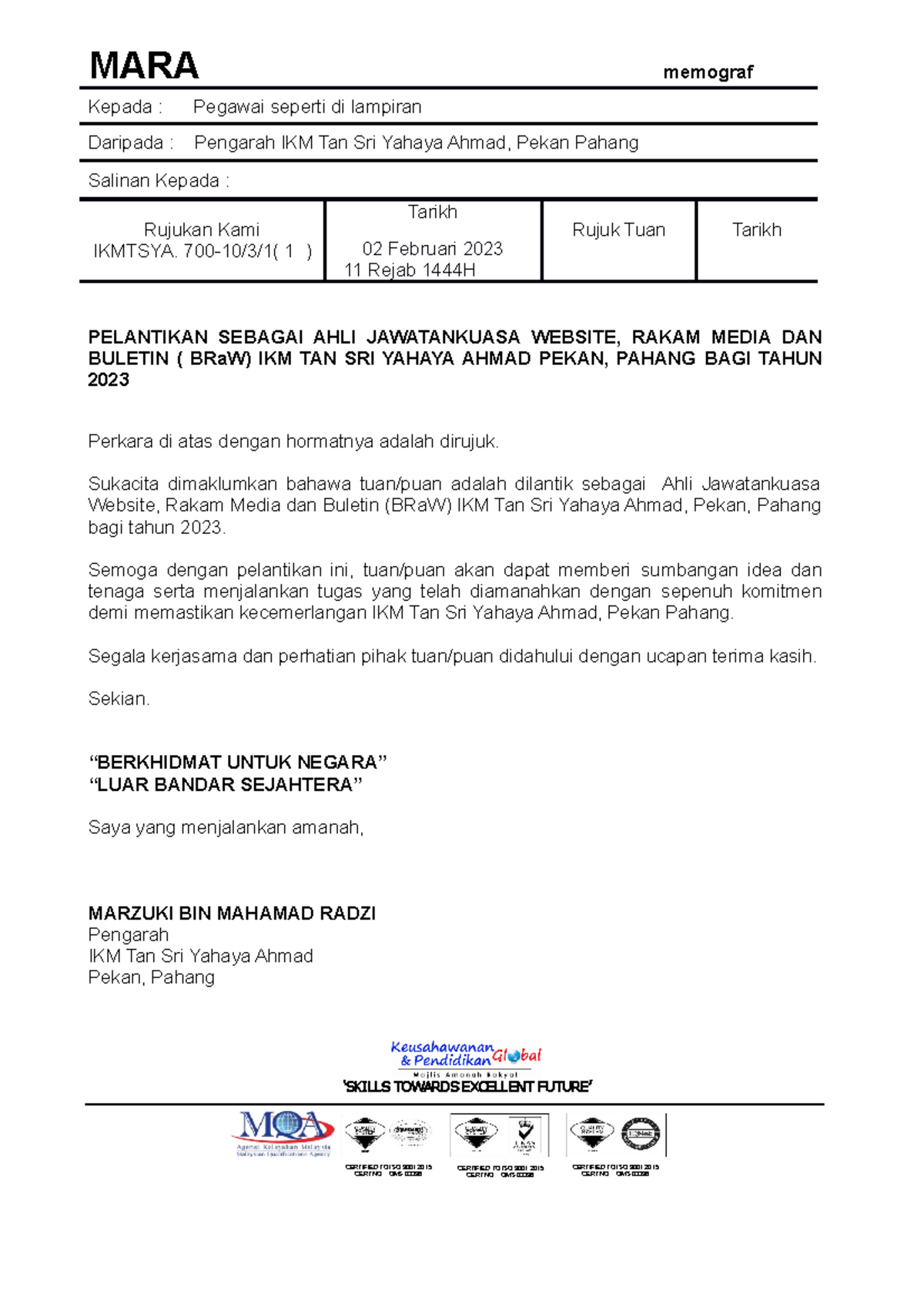 MEMO Pelantikan AJK 2023 BRa W - MARA memograf Kepada : Pegawai seperti ...