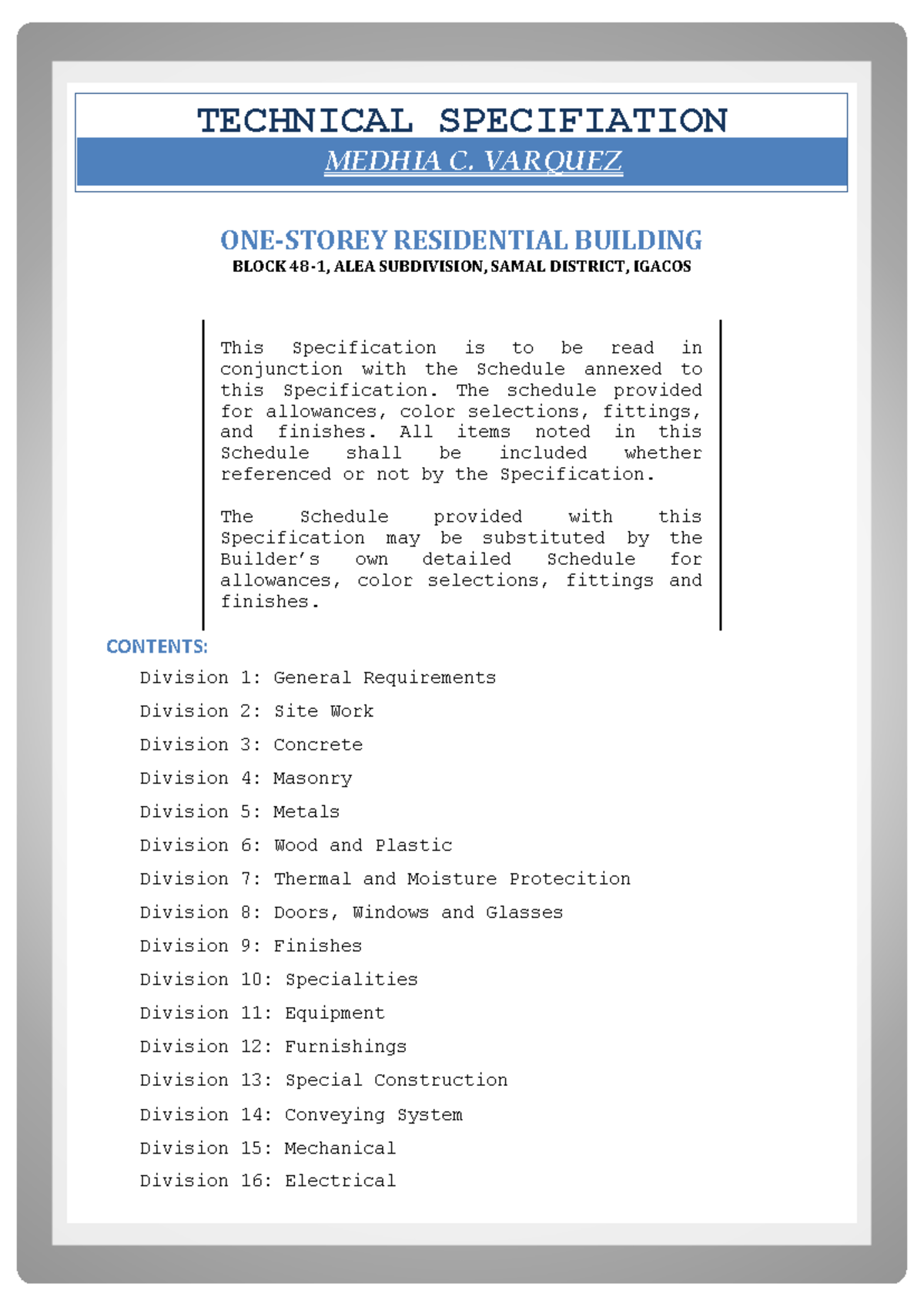 Technical Specification - ONE-STOREY RESIDENTIAL BUILDING BLOCK 48-1 ...